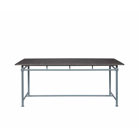 Mesa rectangular azul de aluminio con tapa de mármol gris
